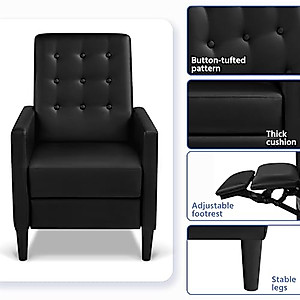 Yaheetech Faux Leather Recliner Sofa Mid-Century Modern Single Reclining Chair Adjustable Back & Footrest Tufted Upholstered Sofa with Pocket Spring Living Room Bedroom Home Theater Black
