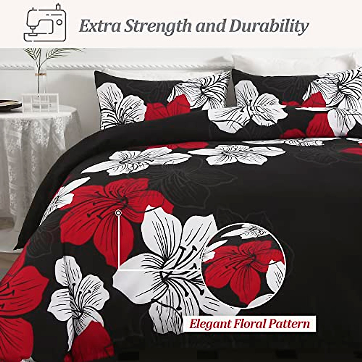 3 Pieces Duvet Cover Set Queen Red Floral Pattern Comforter Cover Elegant Boho Floral Duvet Cover with 2 Pillow Cases Lightweight Microfiber Bedding Duvet Cover Set All Season (Black, 90"x90")