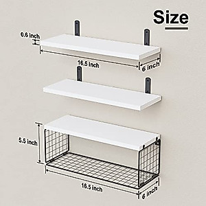WOPITUES Bathroom Shelves Over Toilet, Floating Wall Mounted with Wire Basket, Wood Floating Shelf for Wall Décor, Bathroom Wall Décor Shelves–White