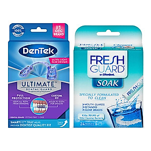 DenTek Ultimate Guard for Nighttime Teeth Grinding with Fresh Guard Soak Clear Braces