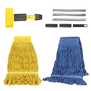 Commercial Mop, Commercial Mop Handle with 2Pcs Commercial Mop Head, Looped-End String Industrial Mop Heavy Duty Mop for Floor Cleaning, Blue/Yellow
