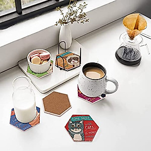 ONENAX Drink Coaster with Holder, 7 Pcs Set Beverage Coaster, Cat Pattern Hexagon Style Coaster for Tabletop Protection, Ceramic Top and Cork Backing. Gift Idea