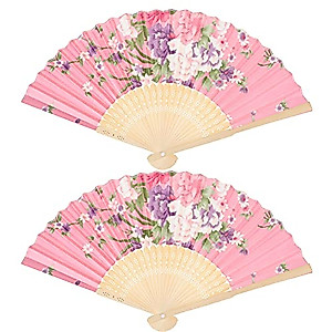 RAZZUM Hand Fan Foldable 2 Pcs Floral Folding Hand Fan Chinese Vintage Retro Silk Handheld Fans with Frames for Wedding Dancing Church Party Gifts Pink Japanese Fan Fan