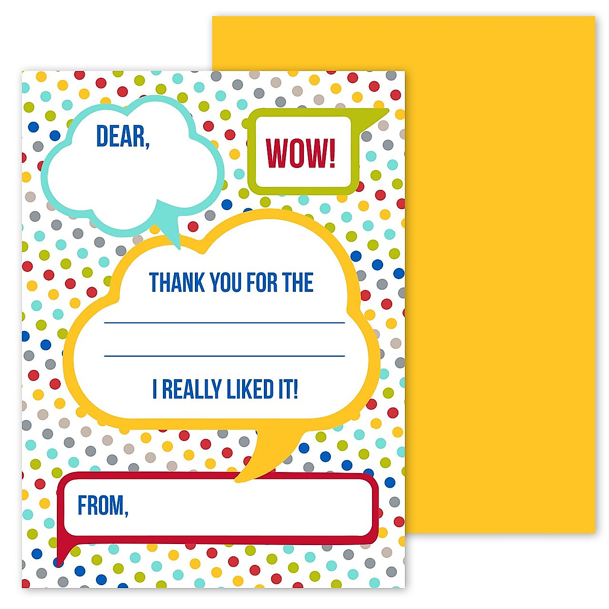 Dots and Stripes Kids Thank You Note Card Pack / 20 Fill In Childrens Colorful Thanks Cards With White Envelopes / 4 5/8" x 6 1/4" Kid Birthday Party Thank You