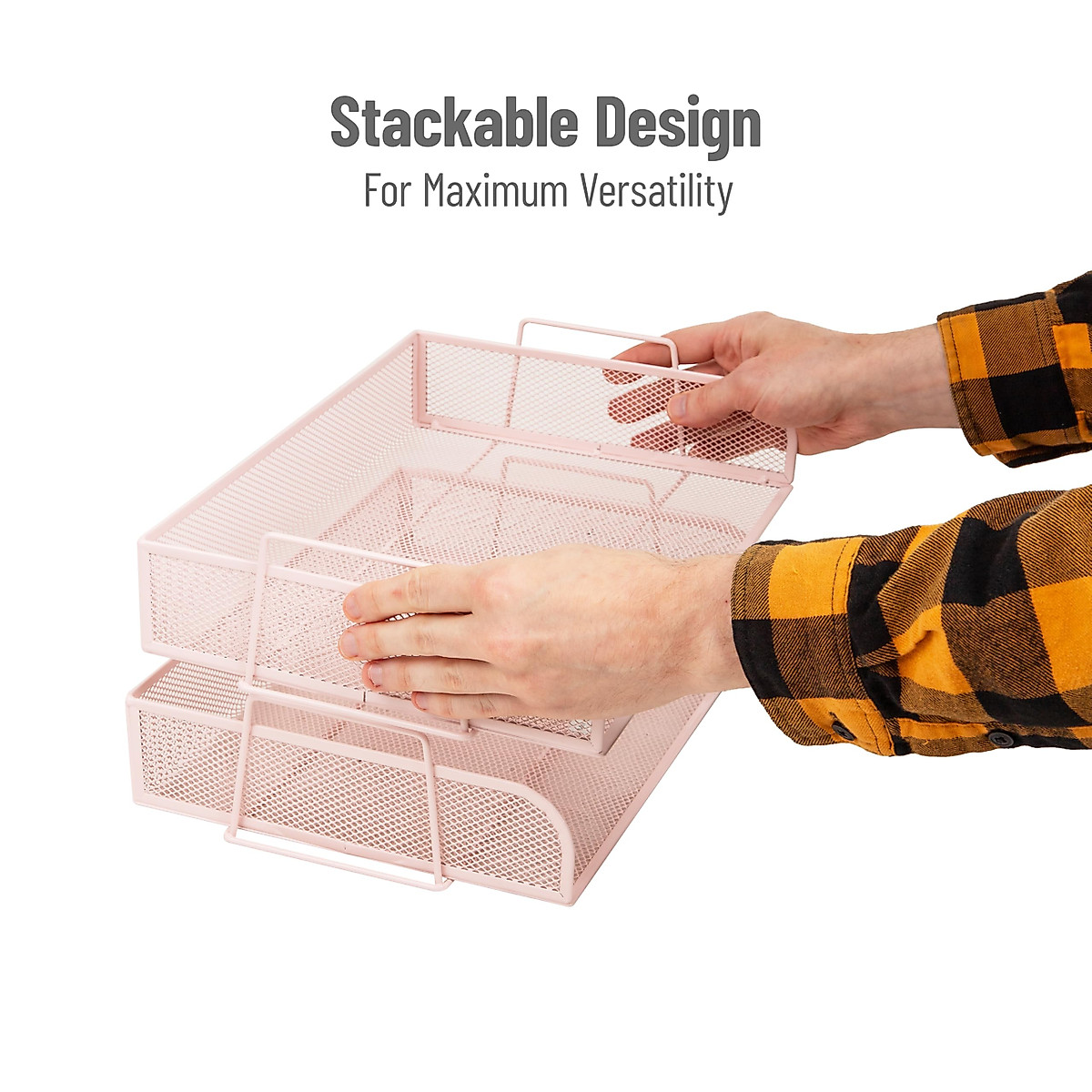 Mind Reader Stackable Paper Tray, 2 Pcs., Desktop Organizer, File Storage, Office, Metal Mesh, 14" L x 9.75" W x 6" H, Pink