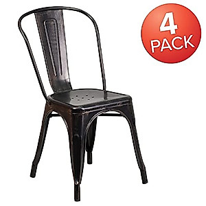 Flash Furniture Commercial Grade 4 Pack Black-Antique Gold Metal Indoor-Outdoor Stackable Chair