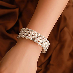 ELABEST Multi Row Pearl Bracelet Stretch Rhinestone Bracelet Bridal Body Jewelry Accessories for Women (style4)
