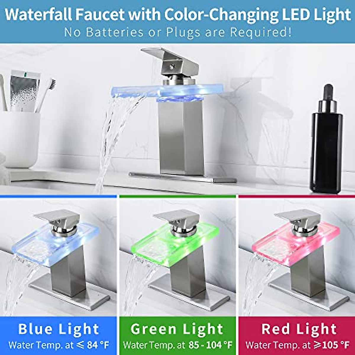 Y-Garhe LED Bathroom Sink Faucet - Brushed Nickel Single Hole or 4 Inch Centerset Waterfall Faucet with Glass Spout and Temperature-Sensitive LED Lights, Includes Deck Plate