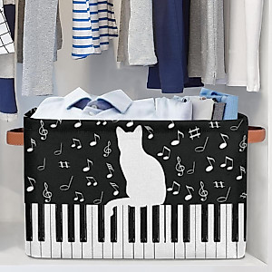 Funky Qiu Storage Basket Cube Music Note Cat Piano Large Toys Storage Box Bin with Handle Collapsible Closet Shelf Cloth Organizer for Nursery Bedroom,15x11x9.5 in,1 Pack