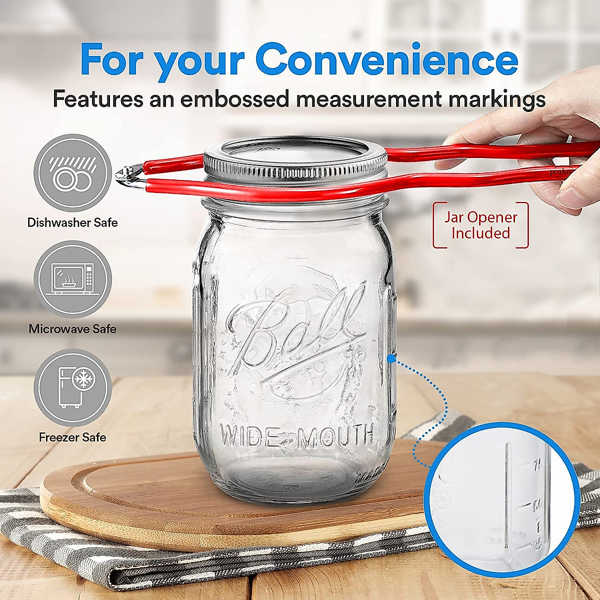 Wide Mouth Mason Jars 32 oz. (12 Pack) - Quart Size Jars with Airtight Lids and Bands for Canning, Fermenting, Pickling, or DIY Decors and Projects Bundled with Jar Opener