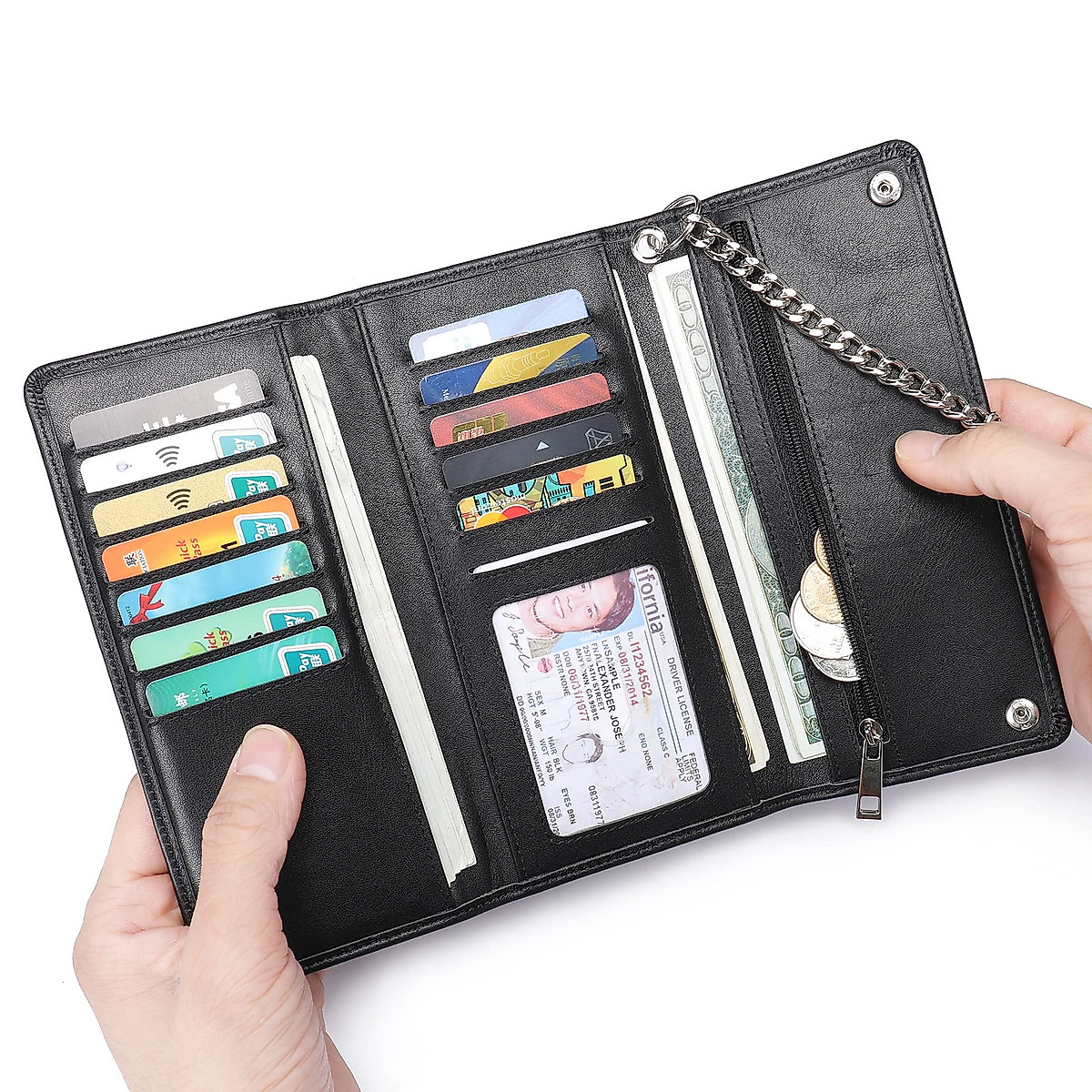 NIUCUNZH Mens Genuine Leather Trifold Wallet with Chain, Biker Trucker wallet with Long Heavy Duty Chain Black