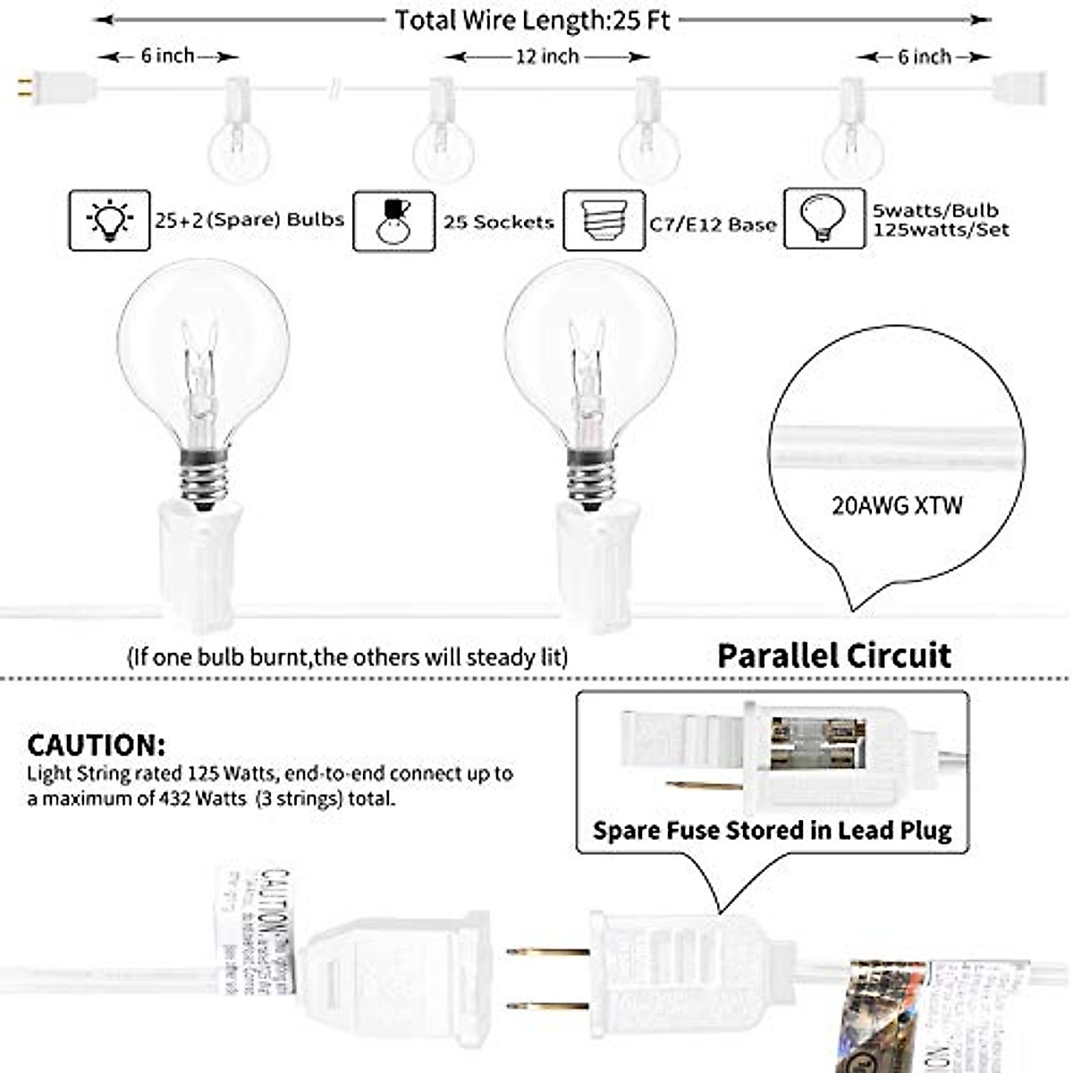 GOOTHY 25Ft Outdoor String Lights with 27 G40 Clear Lights Bulbs (2 Spare), Patio Hanging String Lights for Indoor Outdoor Garden Decor, C7/E12 Base,Connectable Globe String Lights - White Wire