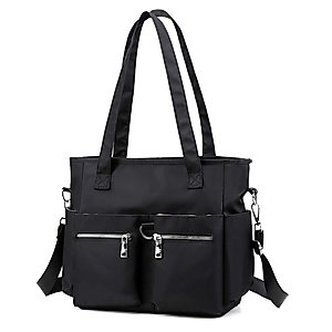 Womens Tote Bags Multi Pocket Soft Nylon Shoulder Bag Waterproof Travel Work Purse and Handbags (Black)
