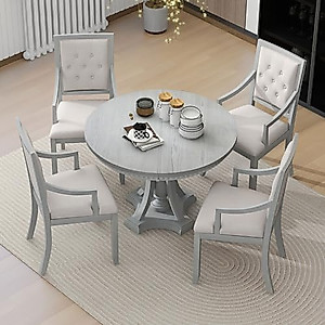 MengK Retro 5-Piece Dining Set Extendable Round Table and 4 Chairs for Kitchen Dining Room(Antique Gray Oak)