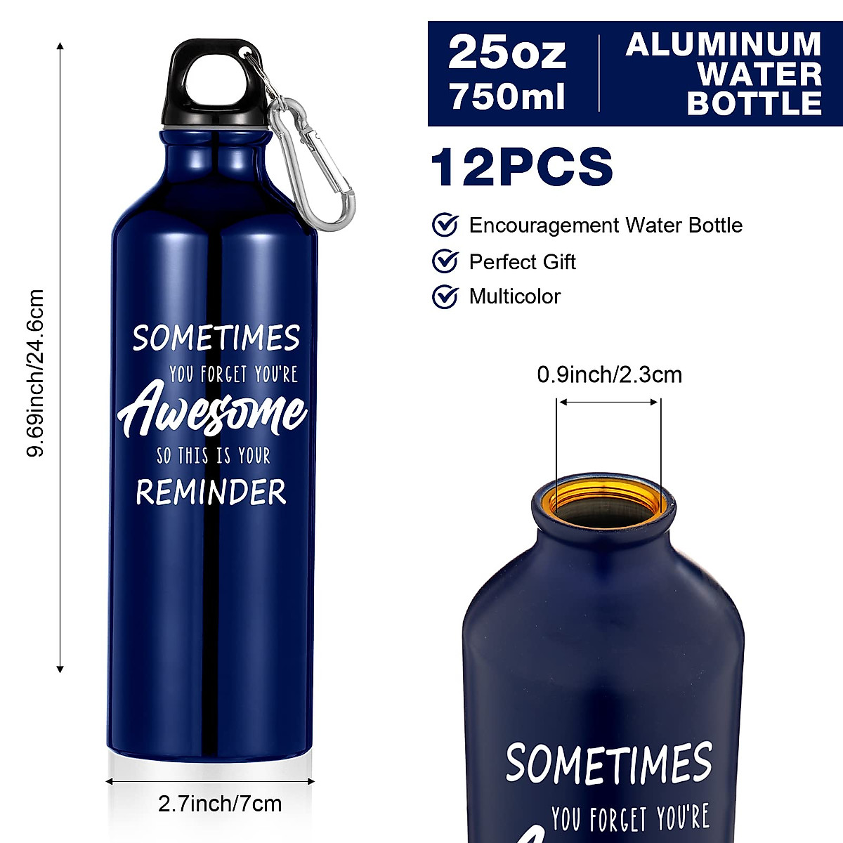 Hoolerry 12 Pack Multi Color Aluminum Water Bottle Sometimes You Forget You're Awesome Lightweight Reusable Bike Backpacking Water Bottles Bulk with Buckle and Twist Cap for Travel Sport(25 Oz)