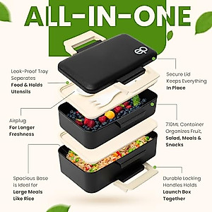 Adult Bento Box Lunch Box with Containers & Utensils - Leak Proof Bento Lunch Box for Adults - 2-Compartments w/ Handles, Sturdy, BPA-Free, Indoor, Outdoor, Gym, 5" x 7" x 4.5", Black Food Container