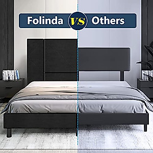 Flolinda King Size Bed Frame, Upholstered Bed Frame with Tall Tufted Velvet Headboard, Heavy Duty Metal Mattress Foundation with Wooden Slats, King Bed Frame No Box Spring Needed, Easy Assembly