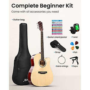 Moukey 41" Acoustic Guitar for Beginners Adults 4/4 Guitarra Acustica with Chord Poster, Gig Bag, Tuner,Steel Strings, Capo, Strap, Natural