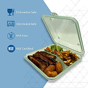 FSE Reusable to Go Take Out Container, 3-Compartment, BPA Free, 9" x 9" x 2.5", Green, Ideal for Meal Prep, Microwave and Dishwasher Safe