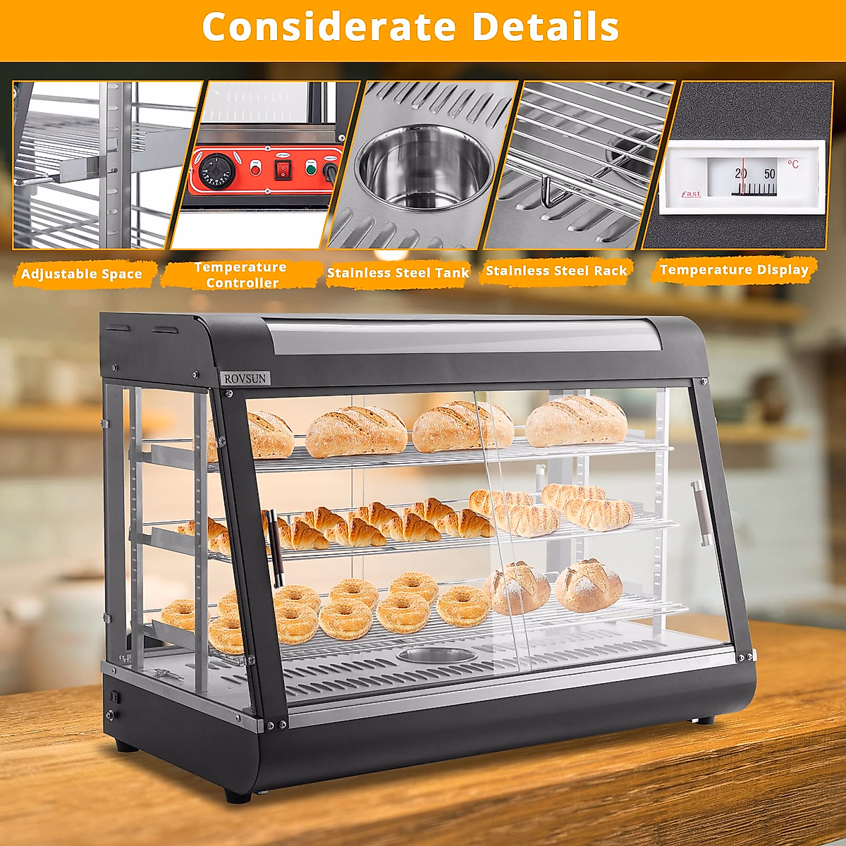 ROVSUN Pizza Warmer Food Warmer Display Countertop, Electric Commercial Food Warmer w/LED Adjustable Removable Shelves Glass Door, Pastry Display Case for Buffet Restaurant Party (35" Length-1500W)