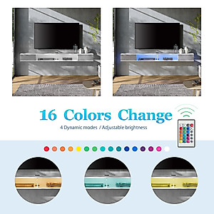 WAMPAT Floating 70 inch TV Stand with 16-Color LED Lights, Entertainment Center Media Console, Wall Mounted Shelf Media Console Cabinet with Storage for 65/70/75 Inch TVs, White&Grey