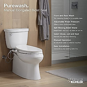 KOHLER 98804-CP-0 Purewash M300 Elongated Manual Bidet Toilet Seat With Chrome Handle, Non-Electric Bidets for Existing Toilets, White