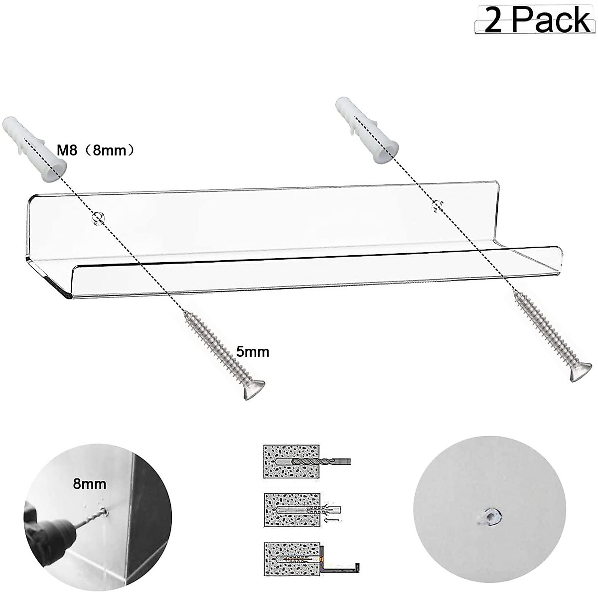 Cerpourt Acrylic Floating Wall Ledge Shelf, Clear Bathroom Storage Shelves Display,Acrylic 15" Invisible Bookshelf (2pack)