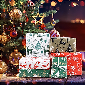 KIMOBER 5 Rolls Christmas Wrapping Paper with Cut Lines on Reverse,Colourful Coated Paper with Cartoon Xmas Elements(17in×118in Per Roll)