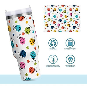 ARGTILDN 30 oz Tumbler Colorful Ladybugs Flowers Insulated Travel Mug with Handle and Straw Lid Stainless Steel Vacuum Coffee Cup Tea Beverage Container Water Bottles for Car Sports office