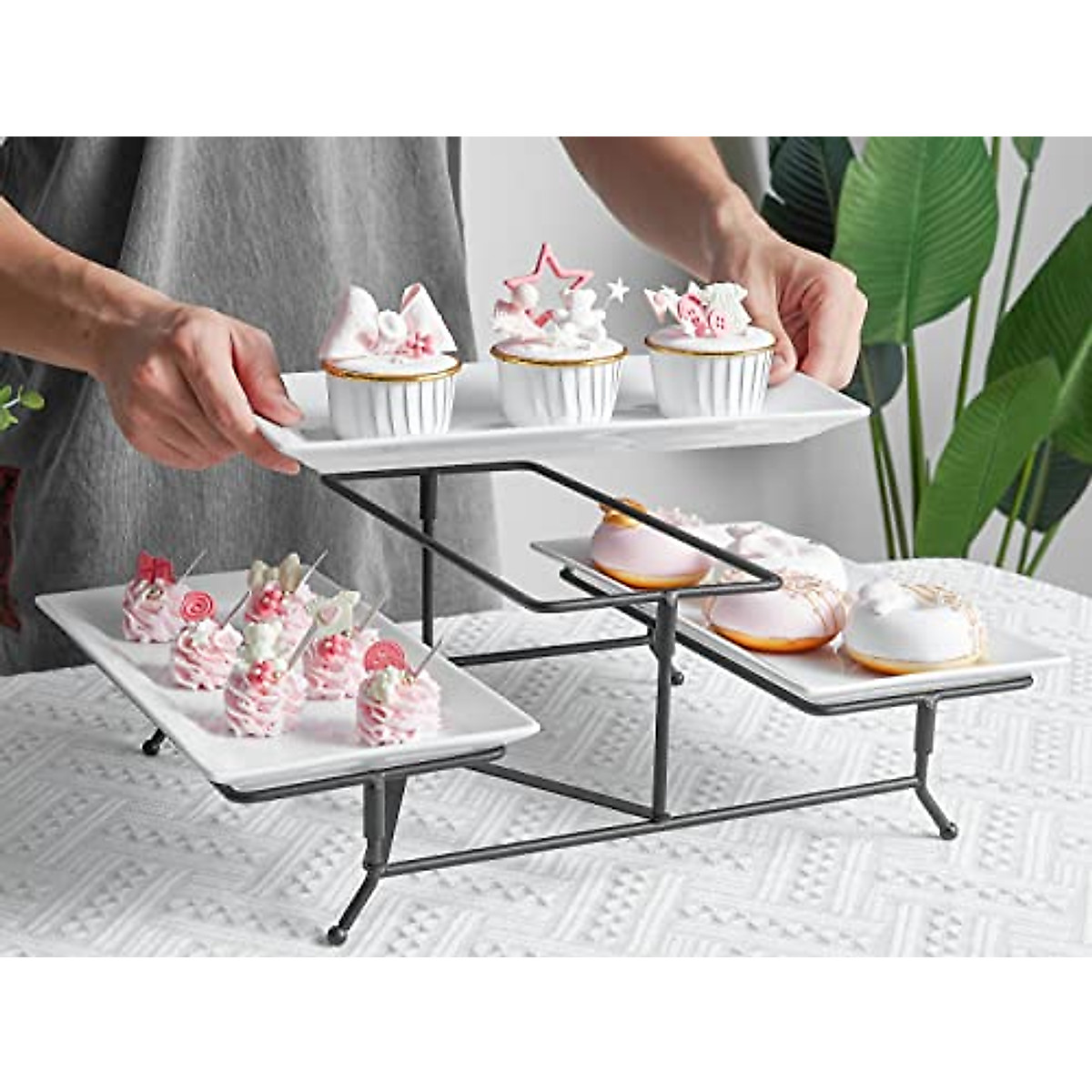 ONEMORE 3 Tier Serving Tray - Collapsible Tiered Stand and Ceramic Serving Platters - Cross Bars Included - White