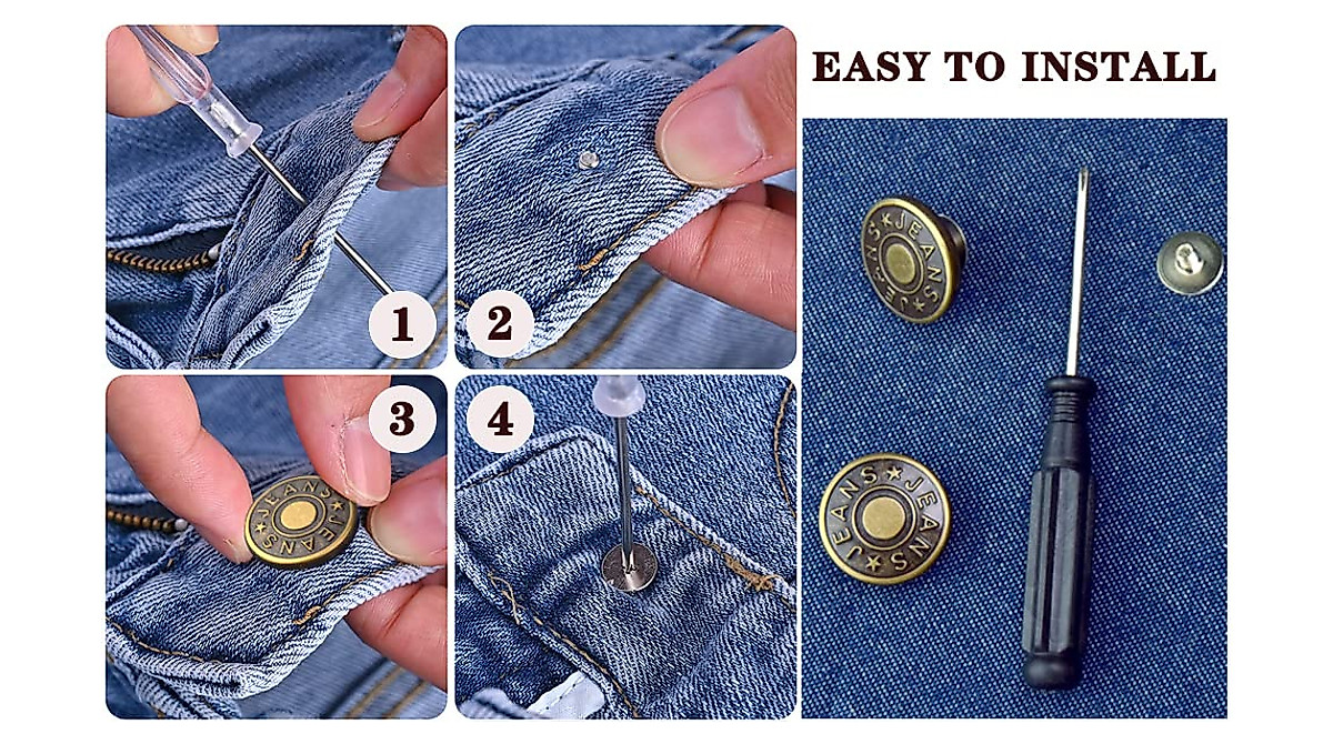 12 Sets Adjustable Metal Buttons for Jeans - No-Sew Repair Kit