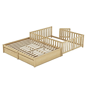 RUNNA Multifunction Full Size Wood Daybed with Fence Guardrails and 2 Drawers, Split into Independent Floor Bed & Daybed for Kids Girls Boys (Natural#8)