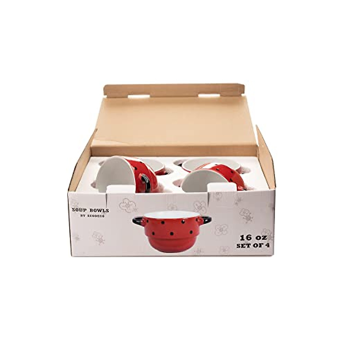 ECODECO Soup Bowls with Handles - Ceramic - Polka Dot Red - 16 Ounce - Set of 4 - French Onion Soup Crocks for Oven Baking