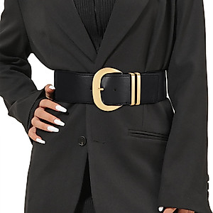 WHIPPY Women Wide Elastic Waist Belt for Dresses Fashion Gold Buckle Stretchy Leather Waistband for Ladies, Black, Fits Waist 28"-33"