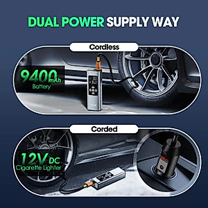 Cocosun Tire Inflator Portable Air Compressor, 2X Faster Inflation [9400mAh Battery & 12V DC Cord] Car Tire Pump with LCD Dual Display, 150PSI Electric Air Pump for Car SUV MPV RV Bike Ball,Grey