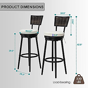 TOP HOME SPACE Patio Swivel Bar Stools Indoor-Outdoor Bar Height Chairs All Weather Cushioned Metal Armless Garden Furniture Bar Dining Chair with Rattan Back - Set of 2