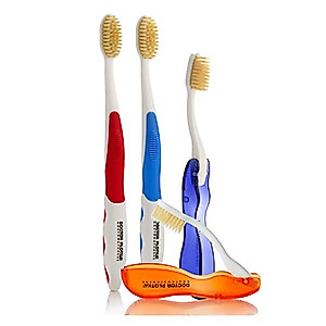 MOUTHWATCHERS Dr Plotkas Extra Soft Flossing Toothbrush, 2 Manual Soft Toothbrushes for Adults + 2 Folding Travel Toothbrushes, Good for Sensitive Teeth and Gums, 4 Pack - Colors Vary