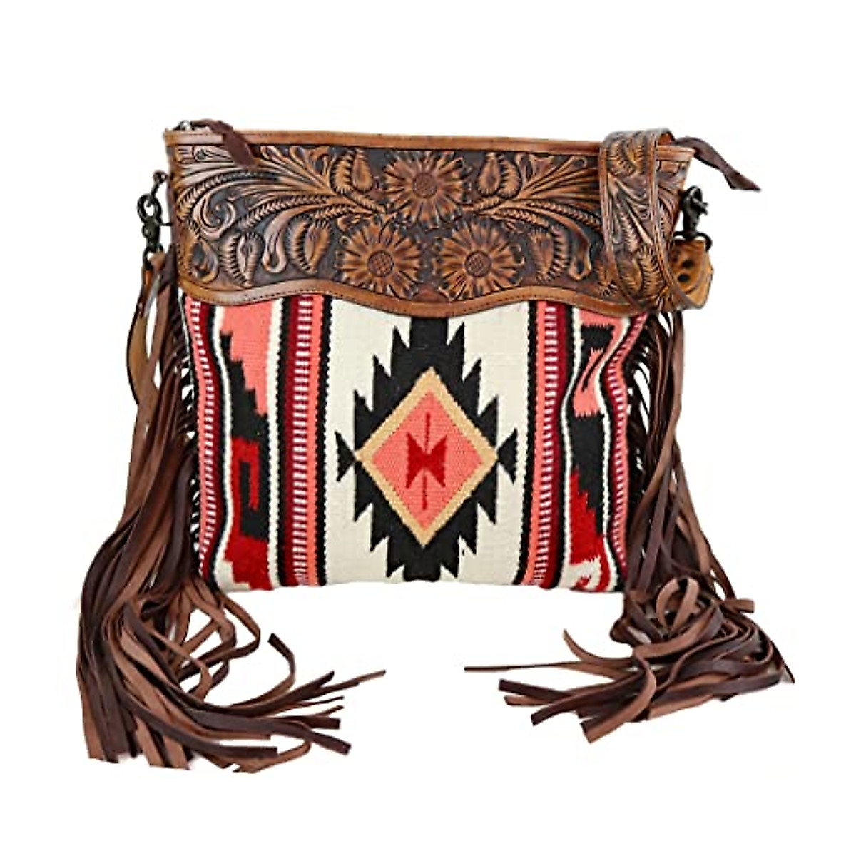American Darling ADBGZ569 Multi Colored Aztec Purse with Tooled Leather, Off White
