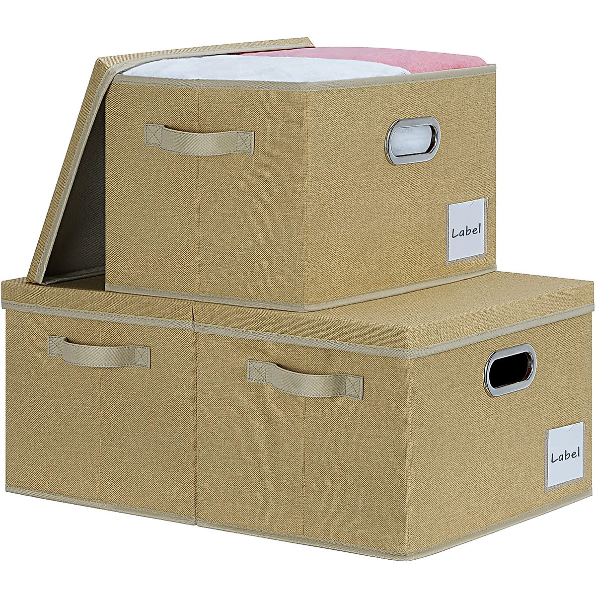 LHZK Large Storage Bins with Lids, Linen Fabric Storage Boxes with Lids for Organizing 15x11x9.6, Storage Baskets with Label & 3 Handles, Closet Storage Bins for Home Office (Black, 3-Pack)