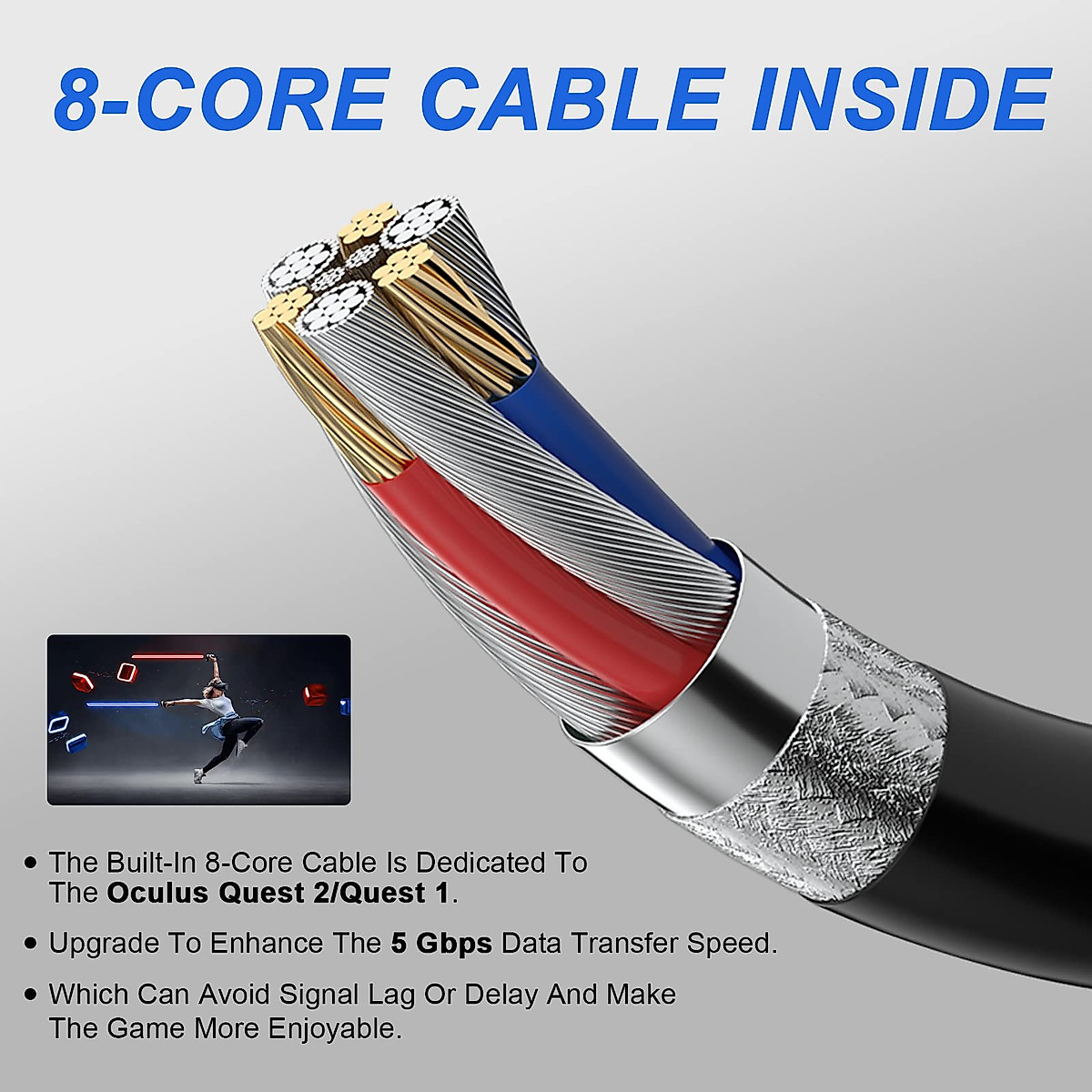 Kopatesun for Link Cable, Virtual Reality Headset Cable 10ft/3m USB 3.0 - c to C - Gaming PC VR - 3 Meters
