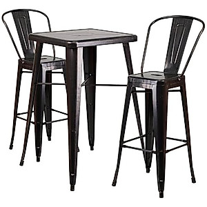 Flash Furniture Commercial Grade 23.75" Square Black-Antique Gold Metal Indoor-Outdoor Bar Table Set with 2 Stools with Backs