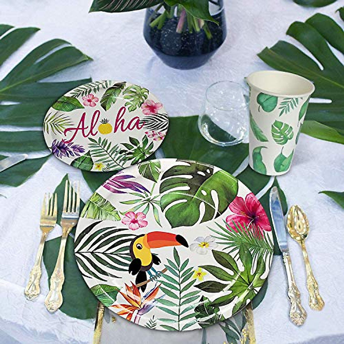 HIPEEWO Hawaiian Aloha Party Decorations - Luau Tropical Party Supplies, Including Plates, Napkins, Hawaiian Theme Cups for Tiki Summer Pool and Tropical Birthday Party Serves 16 Guests 64 PCS