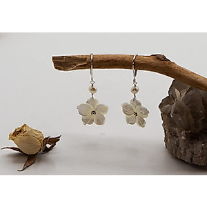 LTC Designs White Shell Flowers and White Freshwater Cultured Pearl Accent Drop Earrings with Sterling Ear Wires 3.5-4 mm for Women, Teens, and Girls