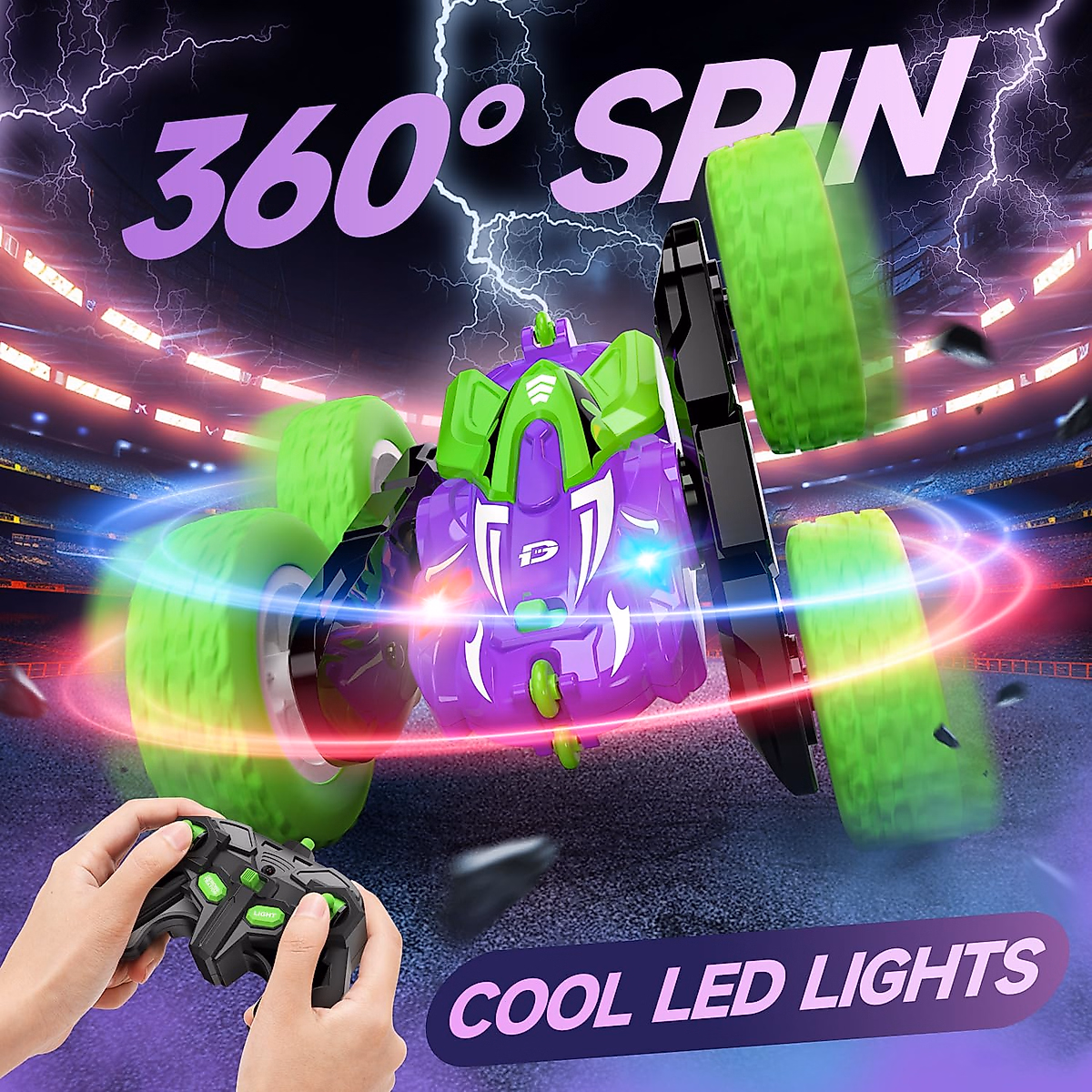 DEERC Remote Control Car, Double-Sided Driving RC Stunt Cars, 360° Spin 4WD Off-Road Car W/Dual Motors LED 2.4GHz Indoor/Outdoor Toy for Boys Age 4-7