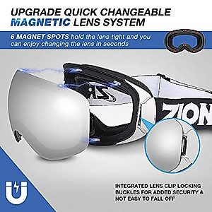 ZIONOR X PRO Ski Snowboard Snow Goggles with Magnetic Interchangeable Dual Layer Lens Anti-fog UV Protection for Men Women Adult （VLT 13% Silver Lens）
