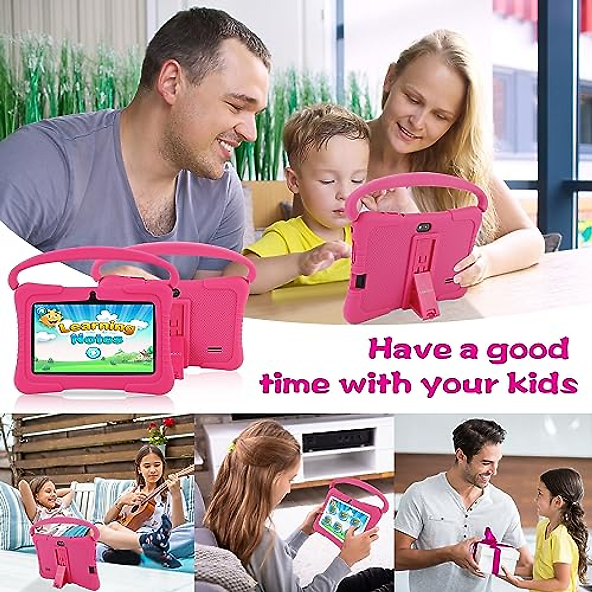 Veidoo Kids Tablet, 7 inch Android Tablet for Kids 1GB Ram 16GB Storage, Toddler Tablet with IPS Screen, Parent Control, Bluetooth, WiFi, Kid-Proof case with Kickstand, Learning, Games (Pink)