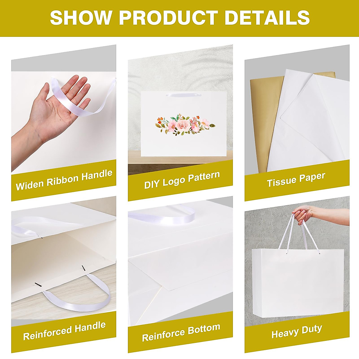 12 Pack Medium Gift Bags with Ribbon Handles & Tissue bags, White Gift Bags for Shopping, Small Business, Bridal Party, Wedding, Baby Shower, Bridal Party, Christmas and Holiday (10.6” x3.1” x8.3”)