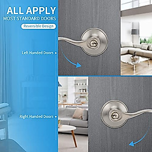 Front Door Handles with Keys and Locks Satin Nickel Finish, Keyed Alike Entry Door Levers One Keyway Lockset for Interior Bedroom Bathroom or Exterior Doors, Home/Office Use, Pack of 3