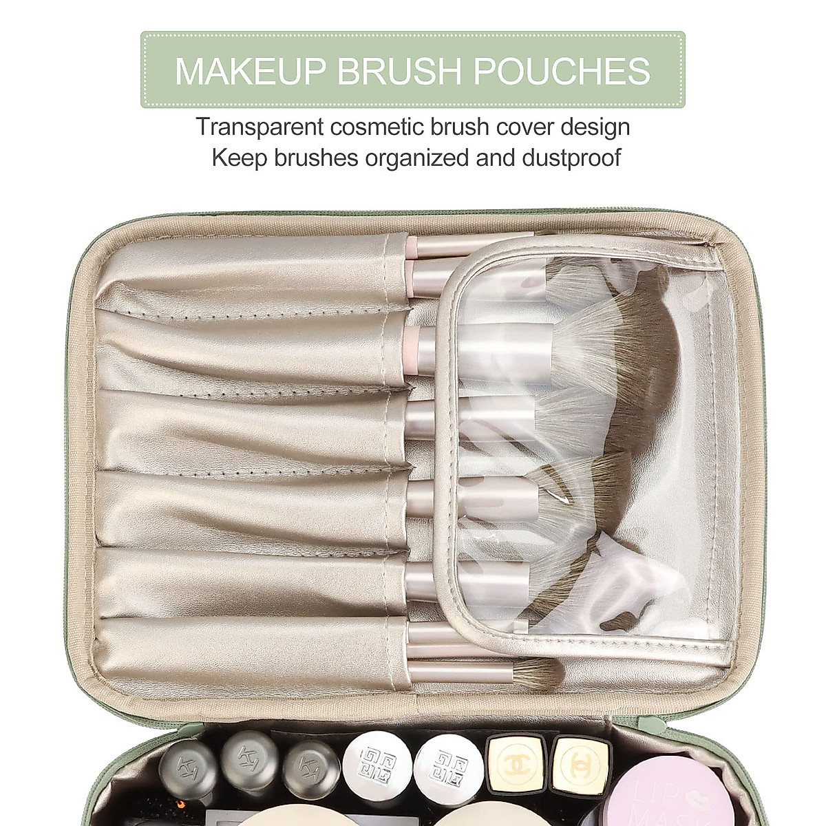 Pocmimut Makeup Bag,Cosmetic Bag for Women Travel Make Up Bag with Brush Compartment for Women(Green)