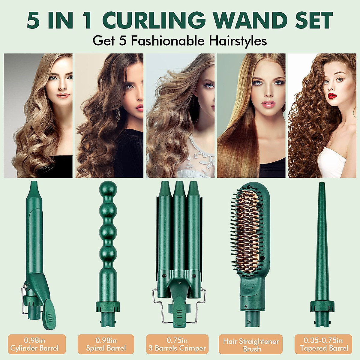 Yinhua Curling Iron Set, 5 in 1 Curling Wand with 4 Interchangeable Ceramic Barrels and 1 Straight Hair Brush, 30S Instant Heat Up, LCD Temp Adjustment, Dual Voltage, Includes Heat Resistant Gloves